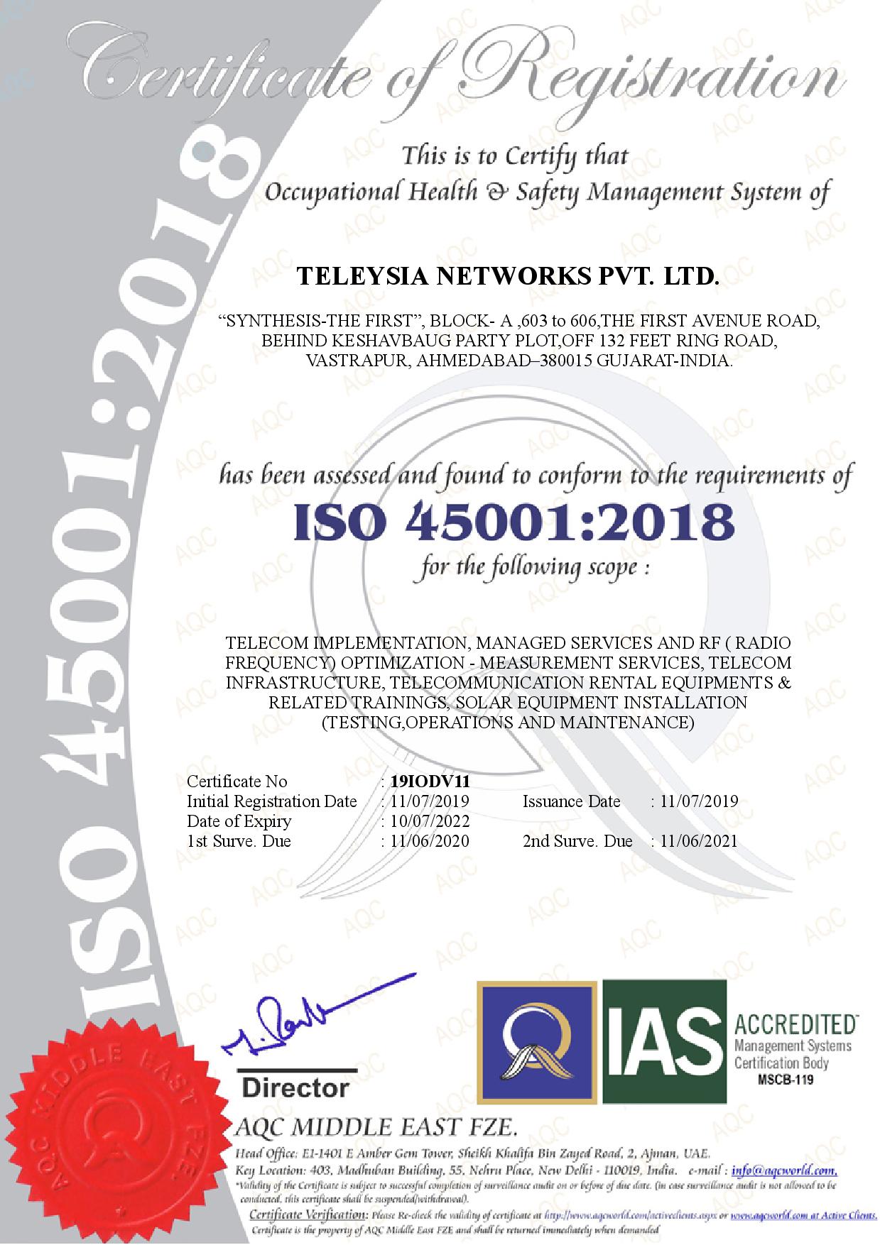 ISO 45001 Certification Teleysia Networks